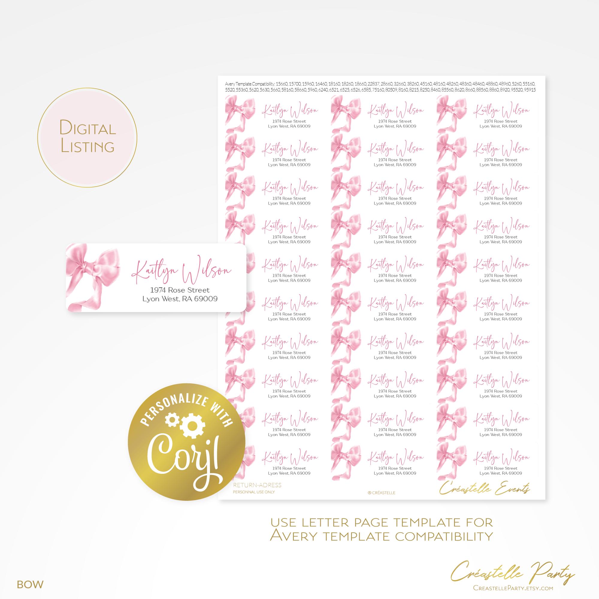 Bow Return Address Labels, Printable Template, Digital 1" X 2.5/8 ...