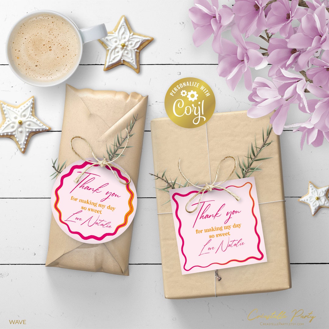 Wavy Editable Favor Tag, Pink & Orange First Birthday Label, Retro Wave ...