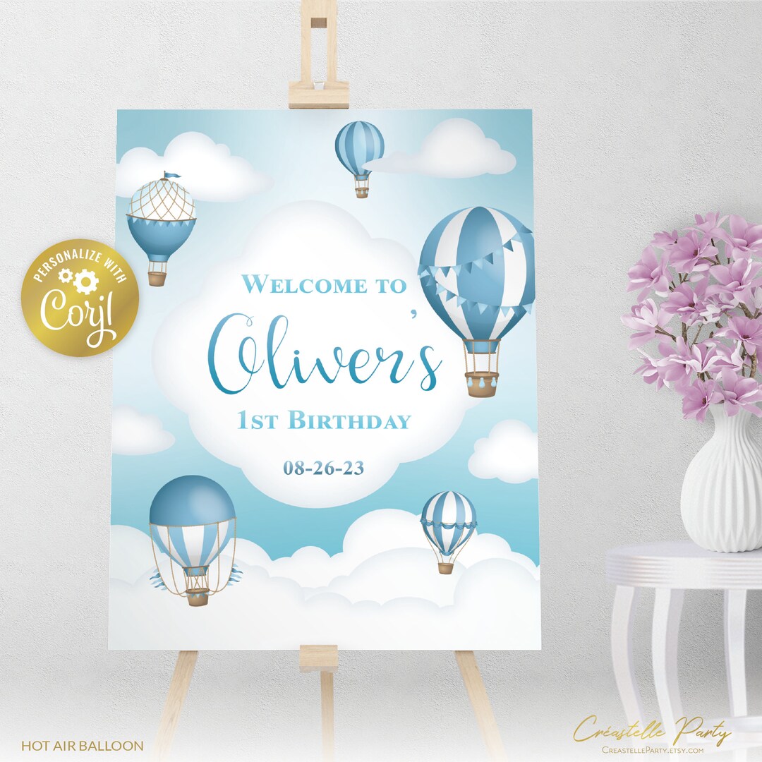 Hot Air Balloon Welcome Sign, Up, up & Away Editable Sign, Sky, Blue ...