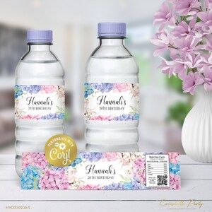 Hydrangea Editable Water Bottle Label, Pink and Blue Birthday Label ...