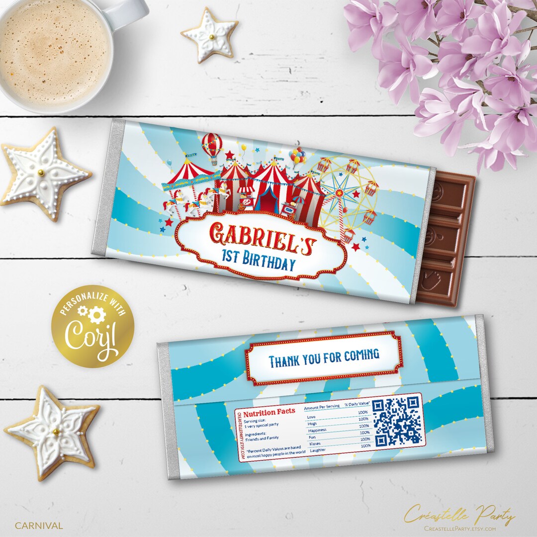 Carnival Editable Chocolate Bar Wrapper, Big Top Birthday Snacks Label ...
