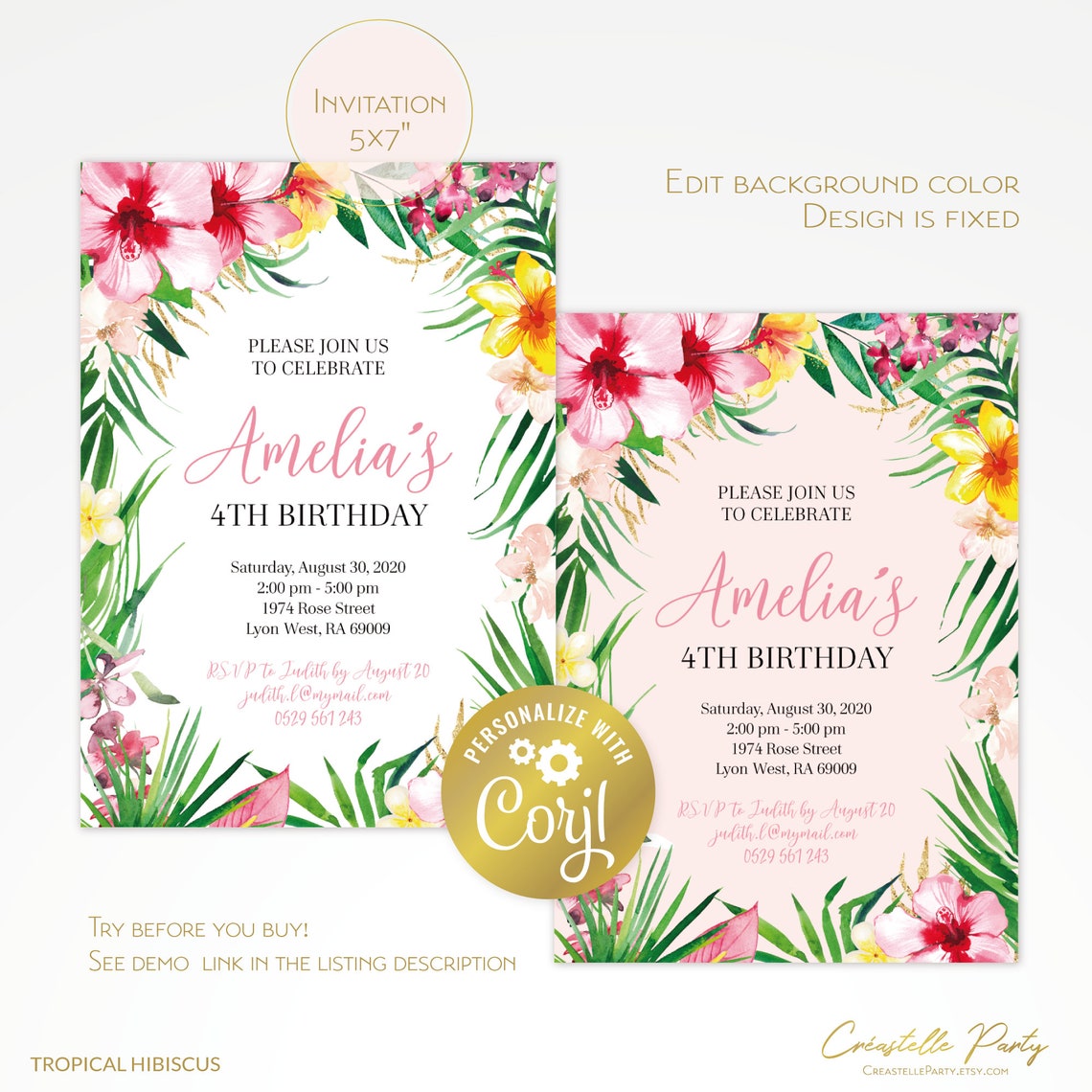 Tropical Floral Invitation, Editable Hawaiian Flowers Birthday Digital ...