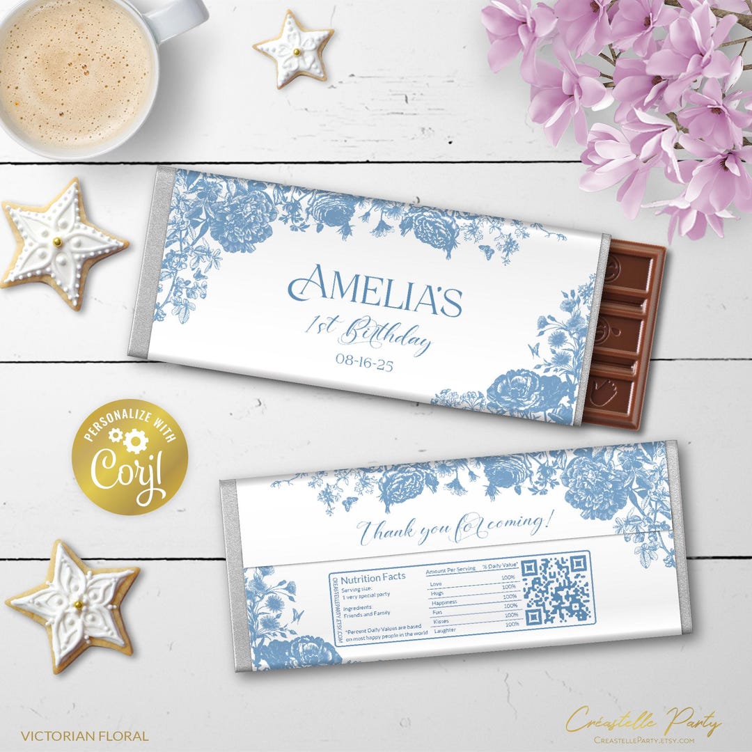 Victorian Floral Editable Chocolate Bar Wrapper, Vintage Blue Birthday ...