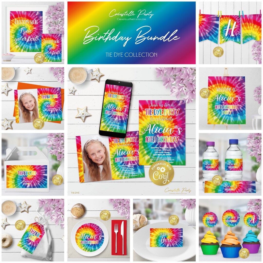 Tie Dye Editable Party Decor Package, Bright Rainbow Spiral Birthday ...