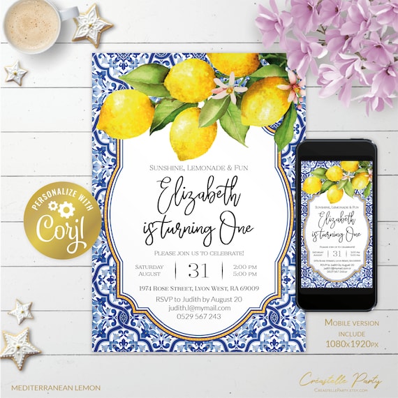 Mediterranean lemon, editable tuscan printable invitation, positano ...