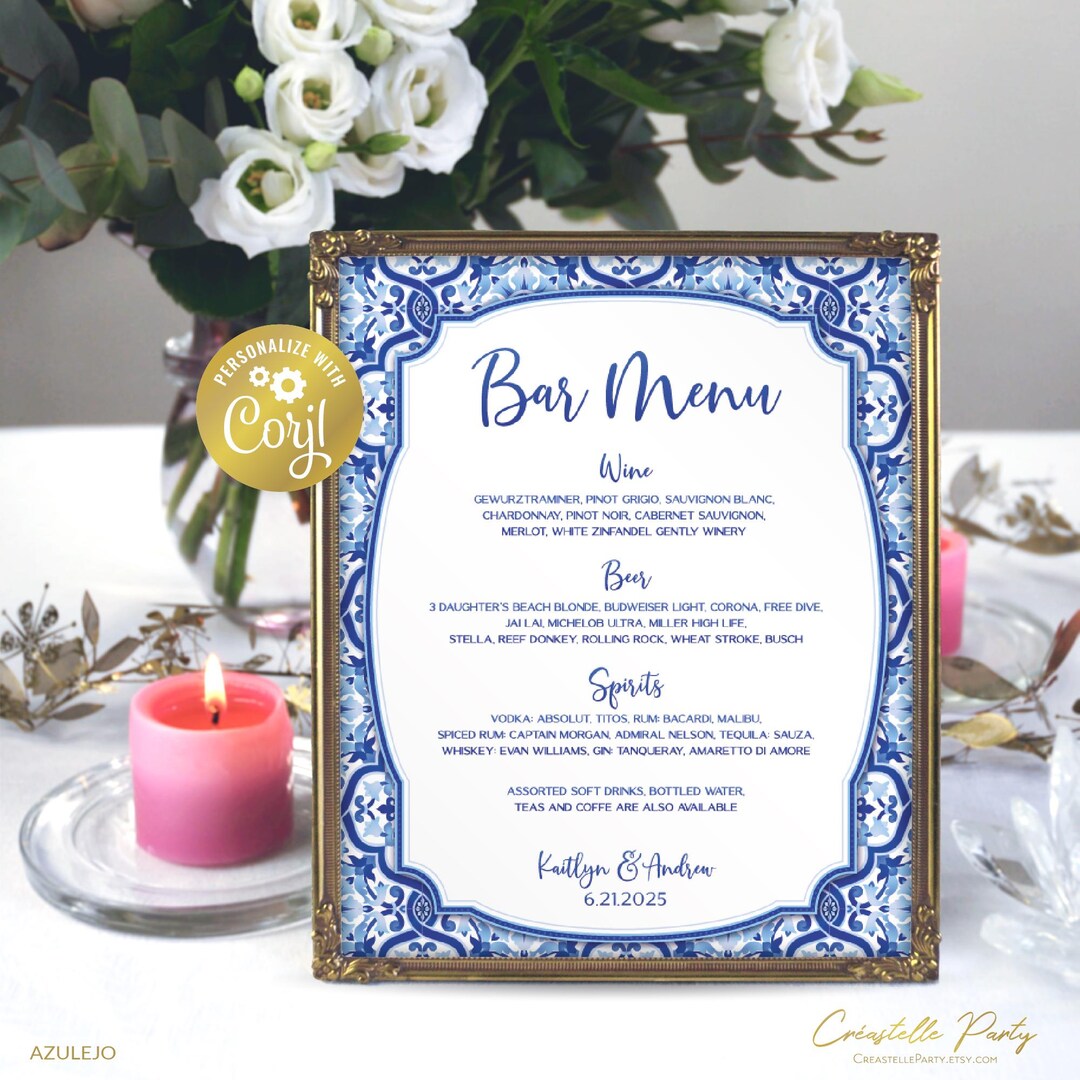 Mediterranean Bar Menu Wedding Sign Template, Tuscan Editable Printable ...