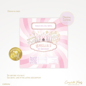 Carnival Editable Chocolate Bar Wrapper, Big Top Birthday Snacks Label ...