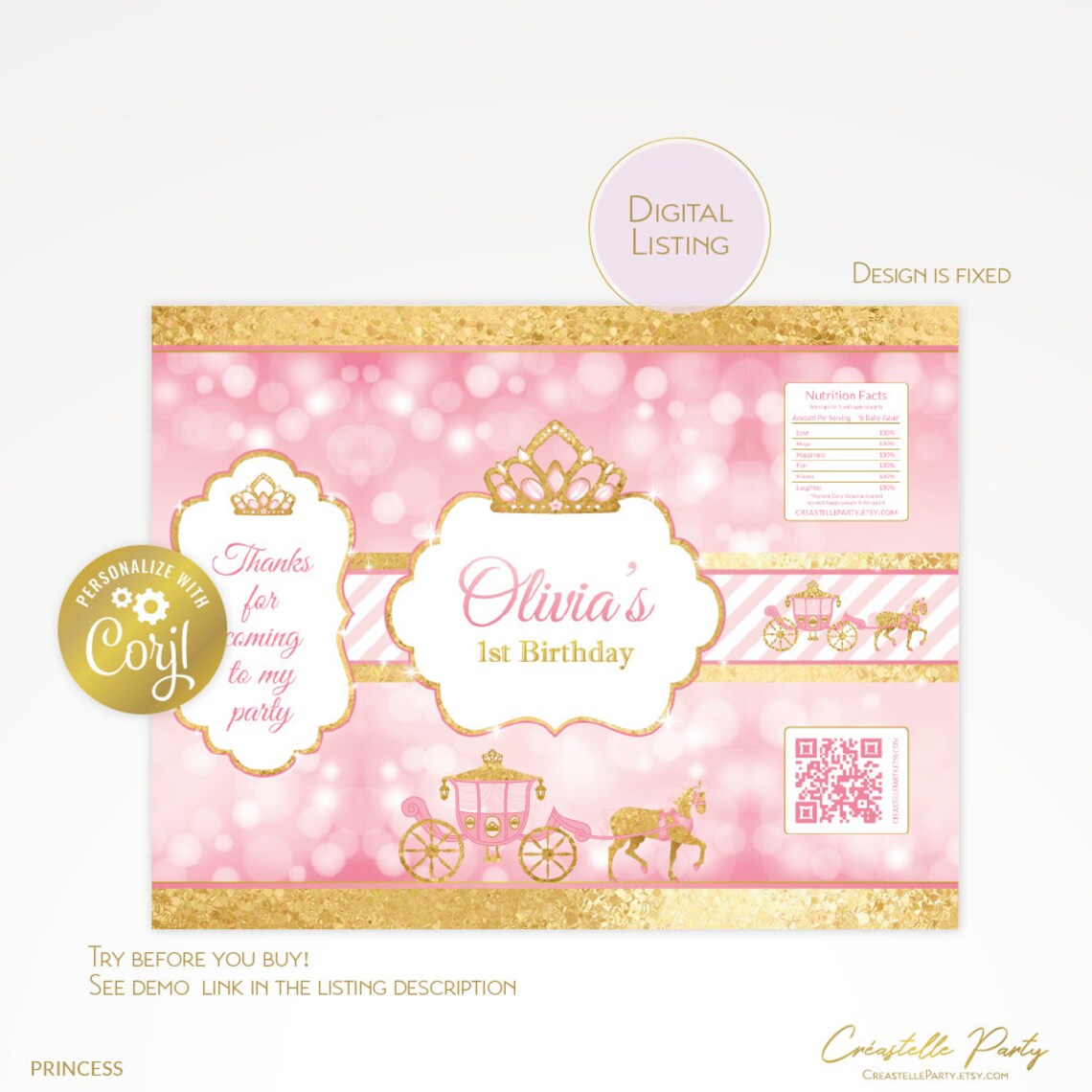 Princess Editable Party Treats Package, Royal Crown Birthday Snacks ...