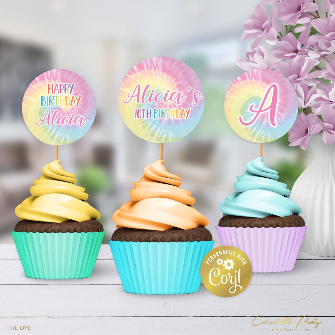 Tie Dye Editable Cupcake Toppers, Light Pastel Rainbow Spiral Label ...
