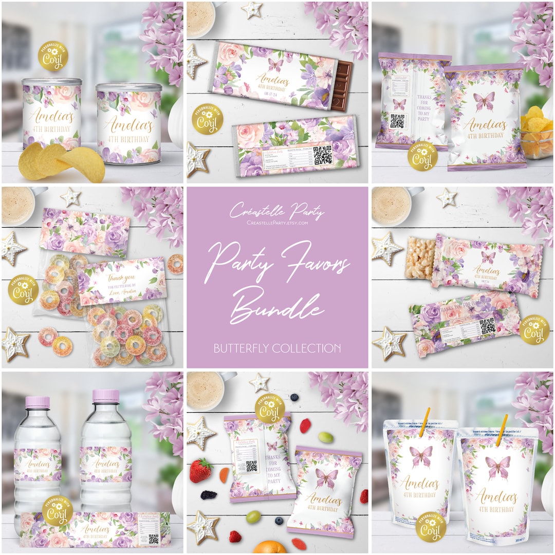 Butterfly Editable Party Treats Package, Pink, Lavender Birthday Snacks ...
