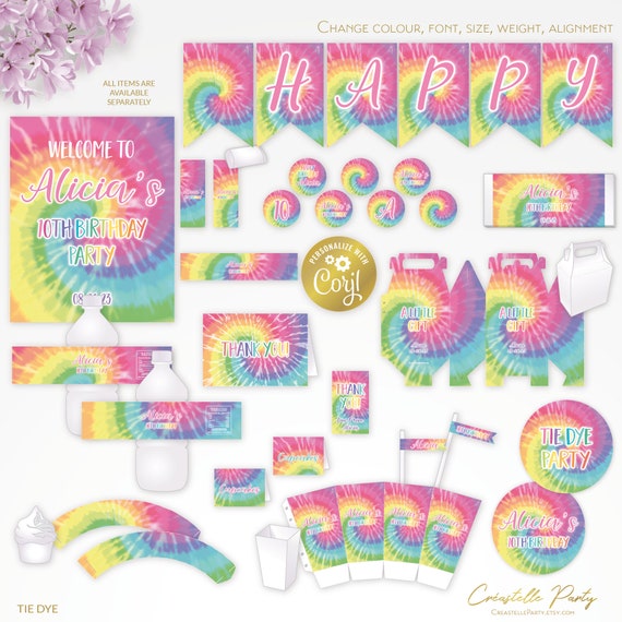 Tie dye editable party decor package, pastel rainbow spiral printable ...