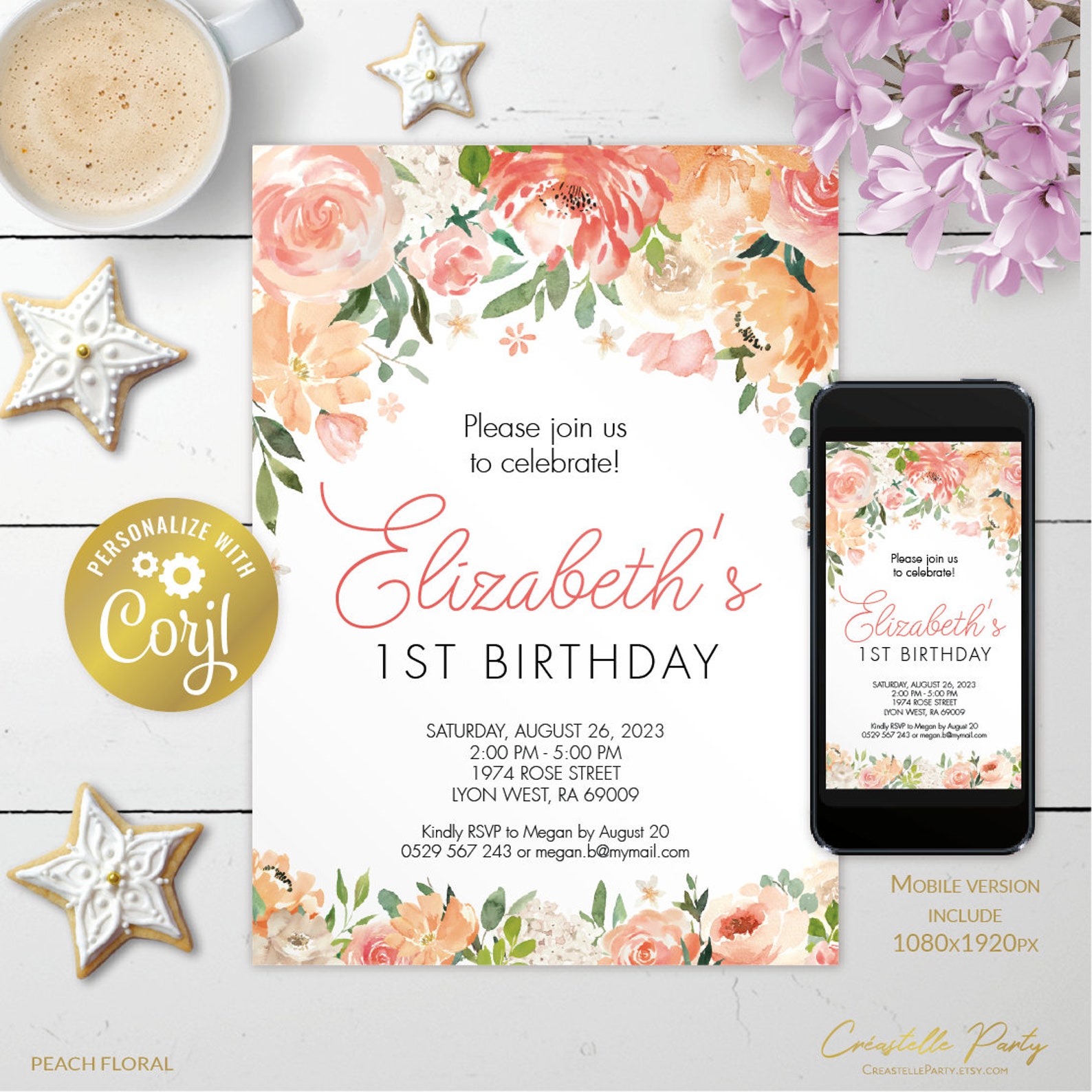 Peach Floral Invitation Editable Peach Blush Cream Birthday - Etsy