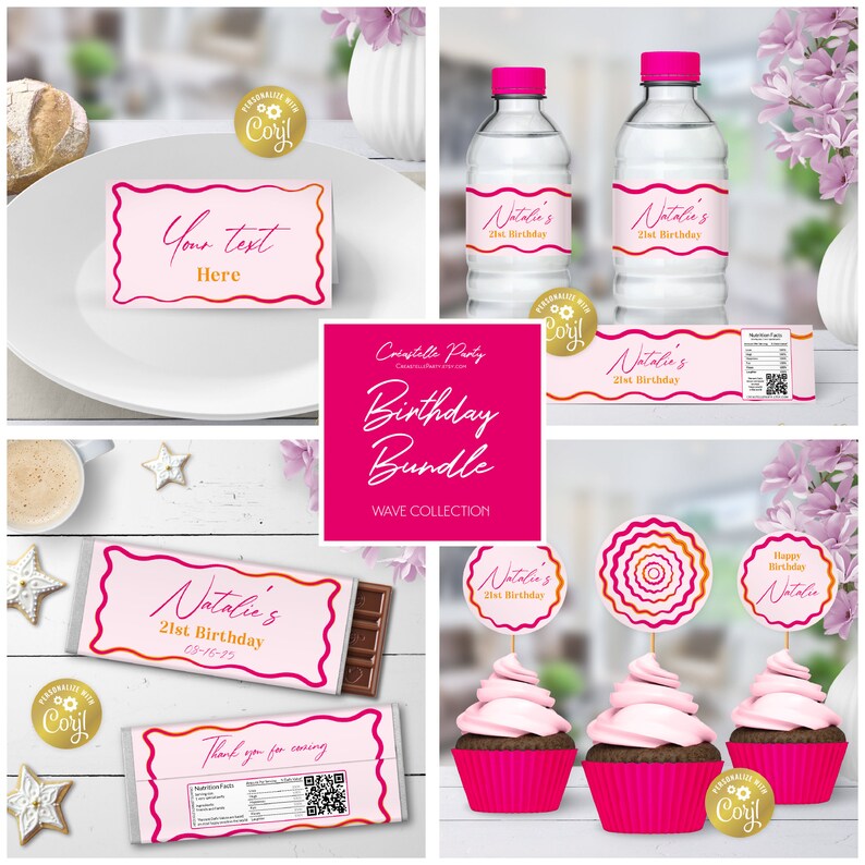 Wavy Editable Party Decoration Package, Pink & Orange Birthday ...