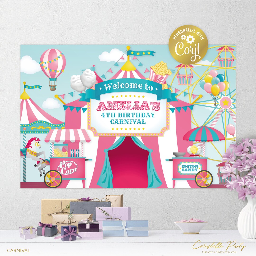 Editable Carnival Backdrop File, Big Top Party Poster, Decoration, Pink ...