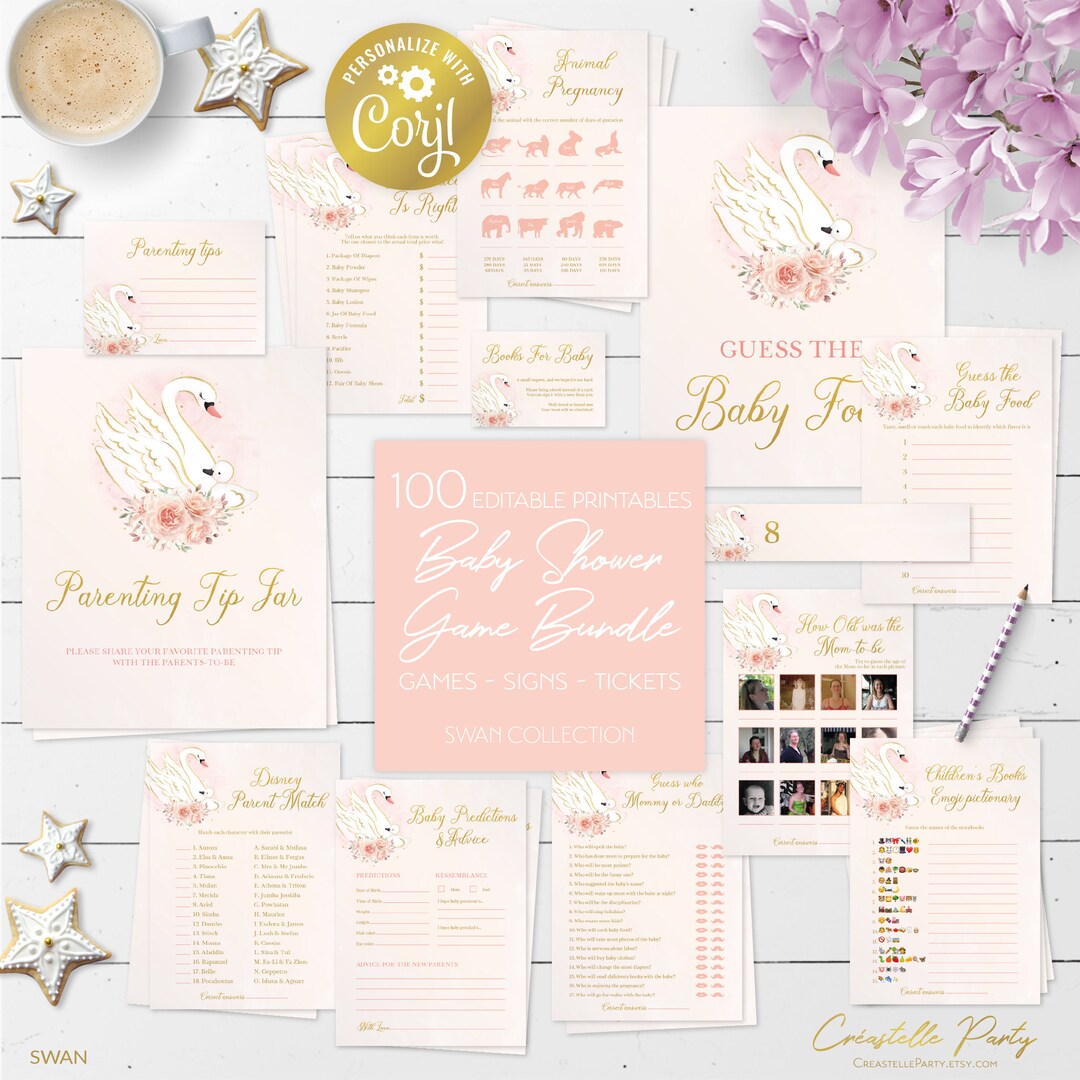 Swan Princess Baby Shower Printable Games Package 2, Blush Pink Floral ...