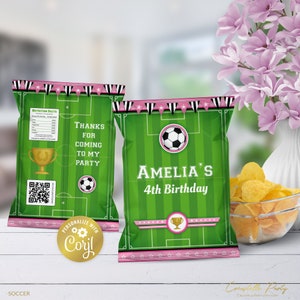 Soccer Field Editable Chip Bag Wrapper, Pink Football Birthday Snacks ...