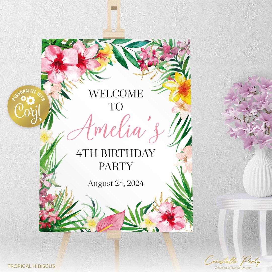 Floral Tropical Welcome Sign, Watercolor Jungle Editable Sign, Hawaiian ...