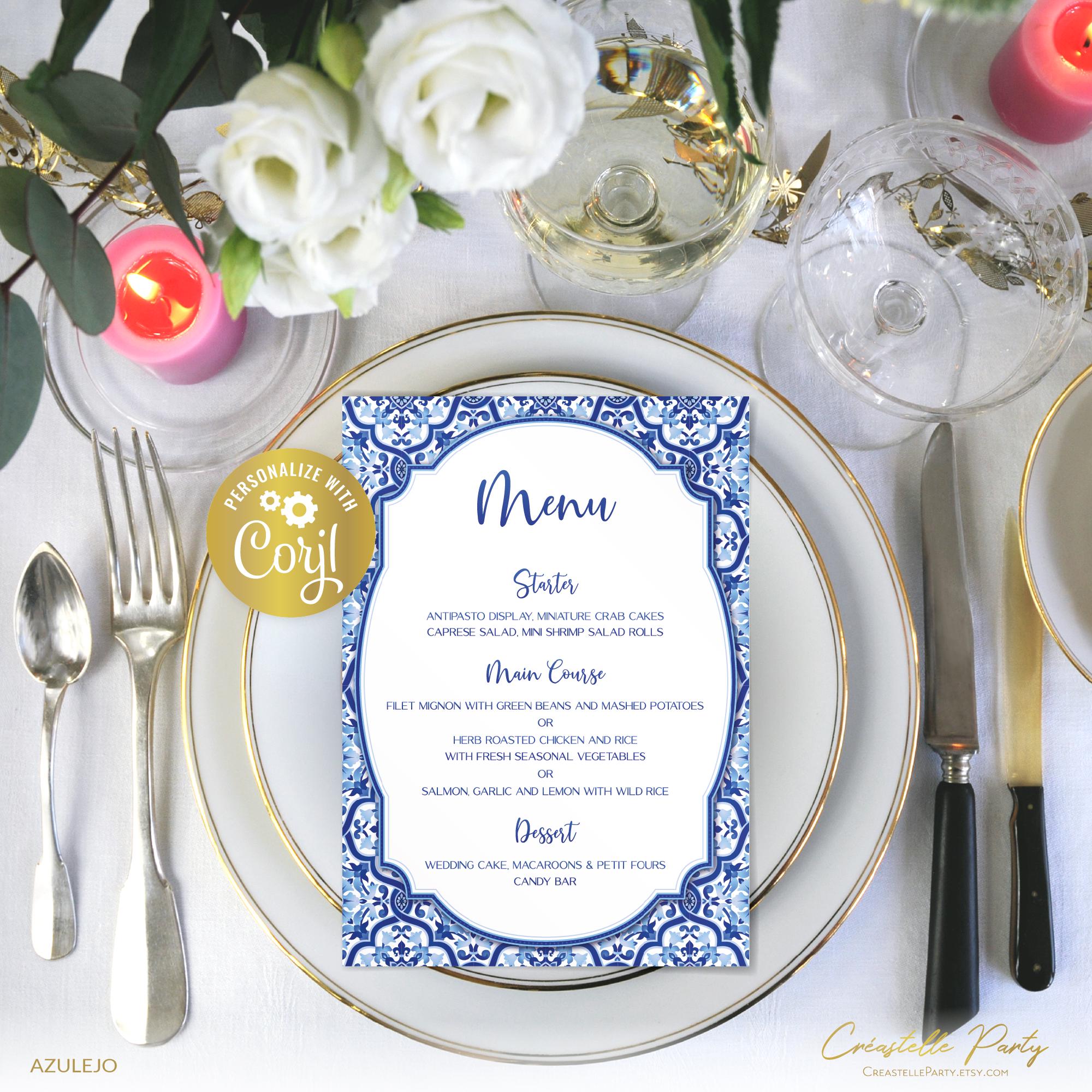 Mediterranean Wedding Menu Template, Editable 3.75x9 + 5x7 Menus, Digital Tuscan Printable ...