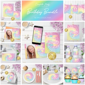 Tie Dye Editable Party Decor Package, Light Pastel Rainbow Spiral ...