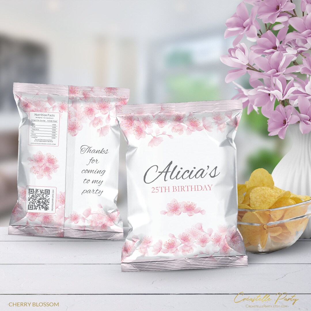 Cherry Blossom Editable Chip Bag Wrapper, Pink Sakura Birthday Snacks ...