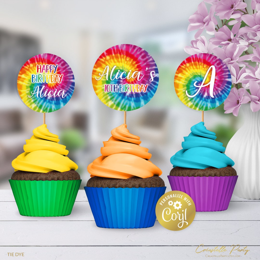 Tie Dye Editable Cupcake Toppers, Bright Rainbow Spiral Label, Digital ...