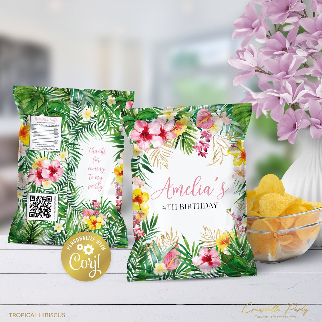Tropical Floral Editable Chip Bag Wrapper, Hawaii Flowers Birthday ...