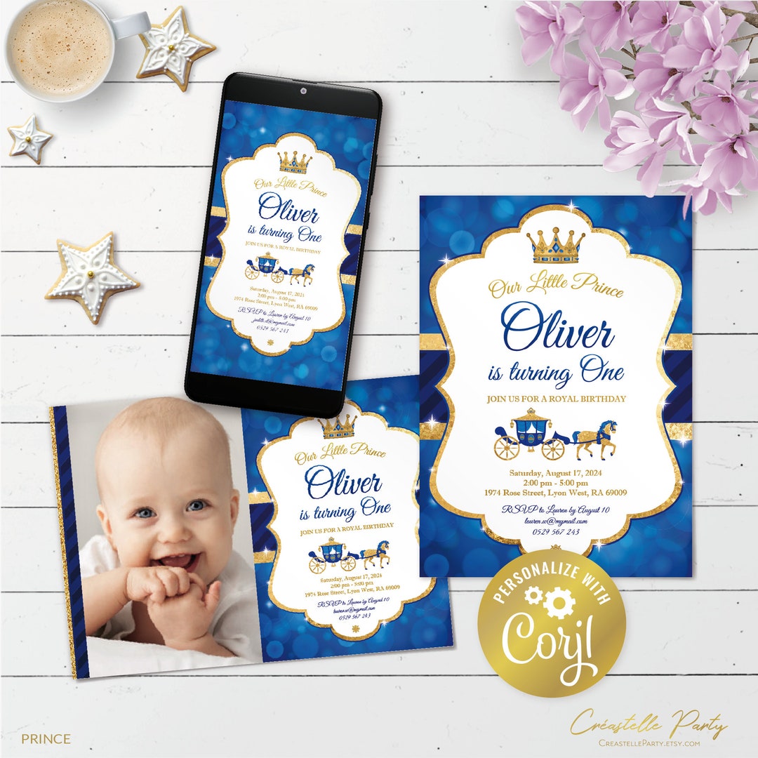 Royal Prince Invitation, Blue Bokeh and Gold Birthday Digital ...
