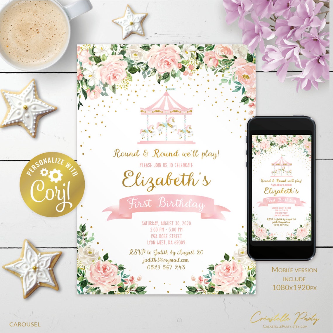 Editable Carousel Invitation, Pink Floral Printable, Watercolor Flowers ...