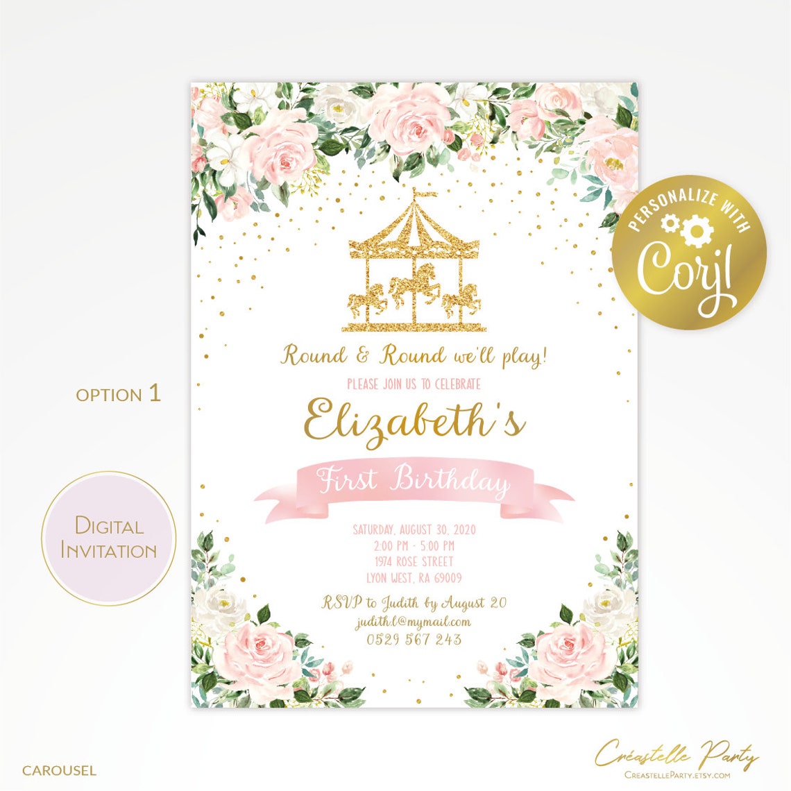 Editable Carousel Invitation Pink Floral Printable - Etsy