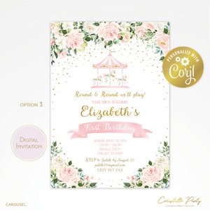 Editable Carousel Invitation, Pink Floral Printable, Watercolor Flowers ...