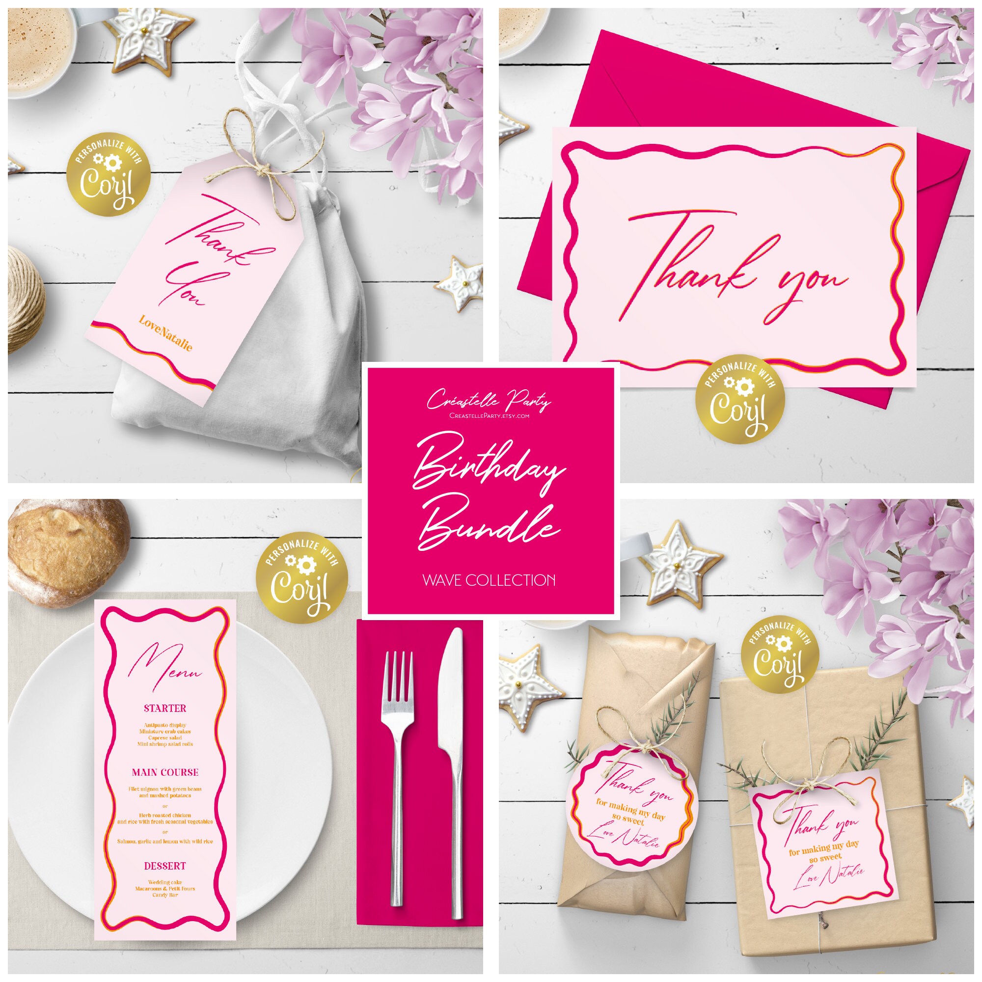 Wavy Editable Party Decoration Package, Pink & Orange Birthday ...