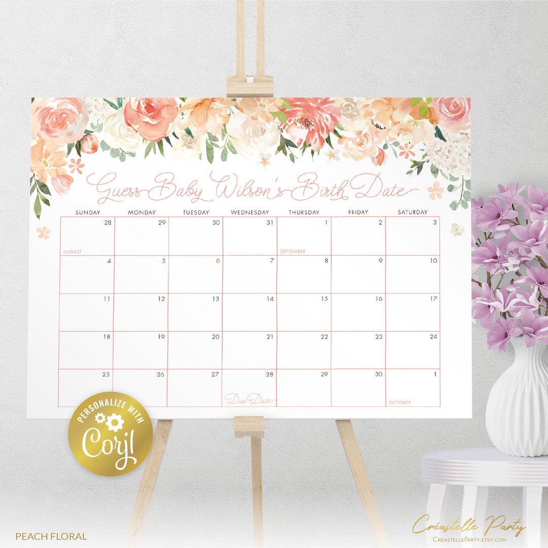 Peach Floral Due Date Calendar Sign, Guess the Arrival Date, Baby's ...