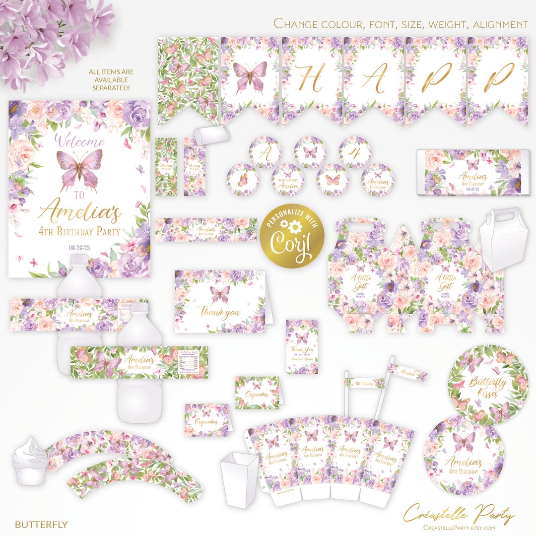 Butterfly Editable Party Decoration Package Pink Gold - Etsy