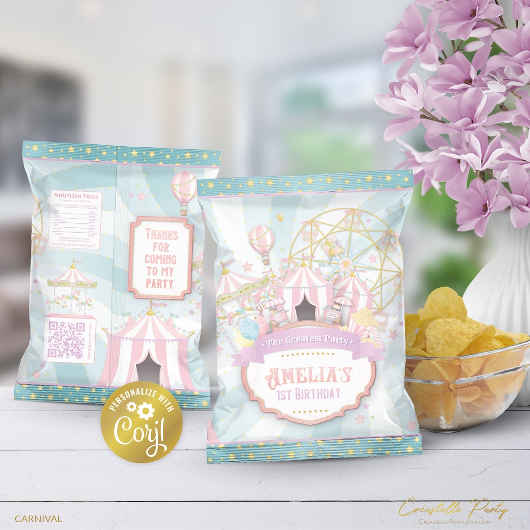 Carnival Editable Chip Bag Wrapper, Big Top Birthday Snacks Label, Pink ...