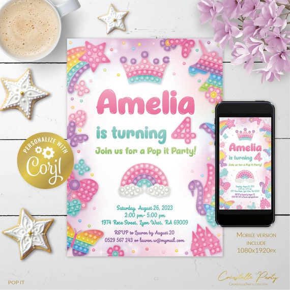 Pop It Editable Rainbow Printable Invitation Pop Fidget Toy Birthday Digital Invitation Pop