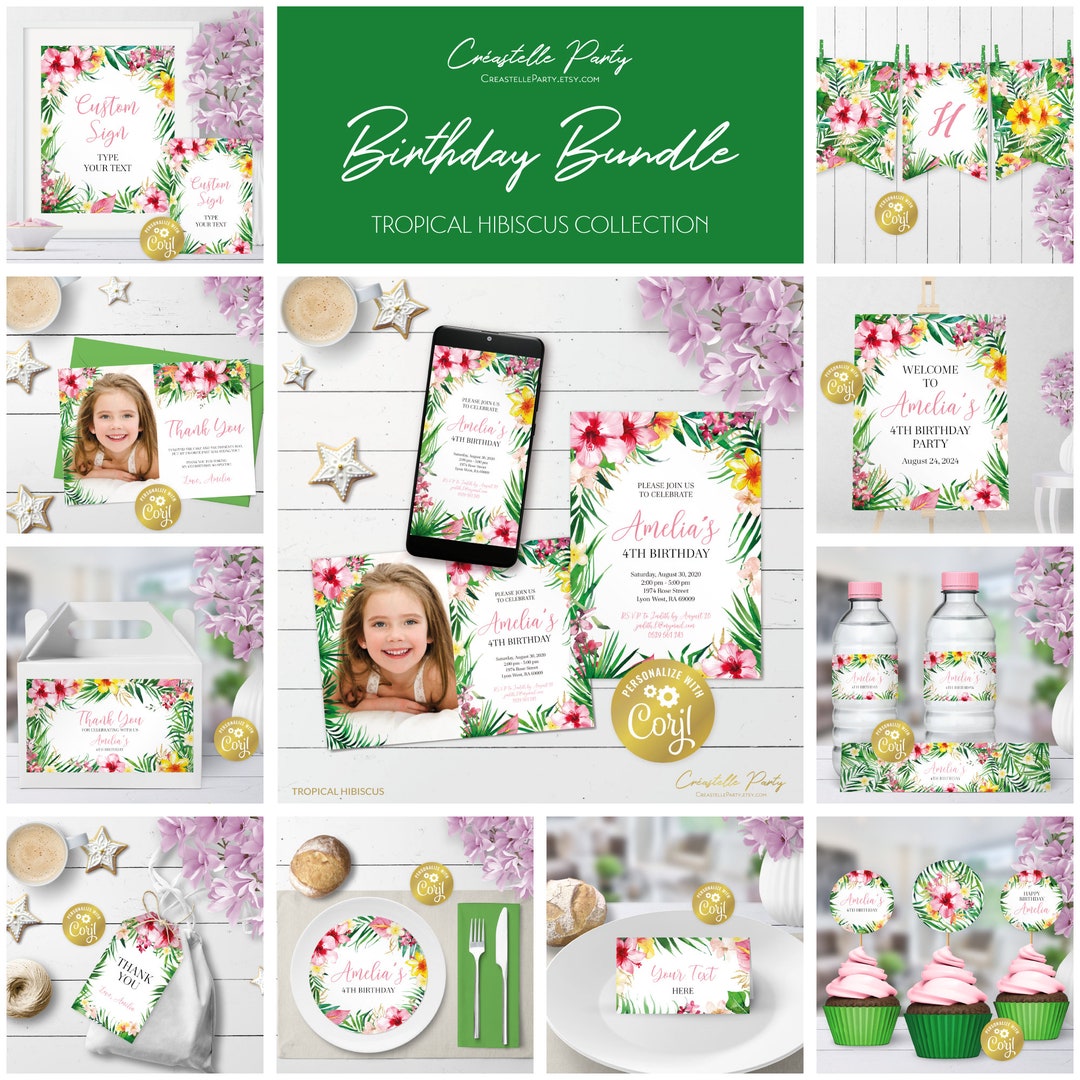 Tropical Floral Editable Party Decoration Package, Hawaiian Flowers ...
