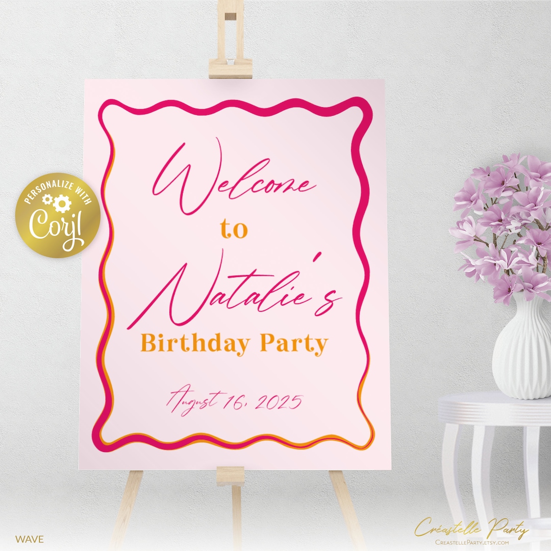 Wavy Welcome Sign, Pink and Orange Editable Sign, Retro Wave Edge ...