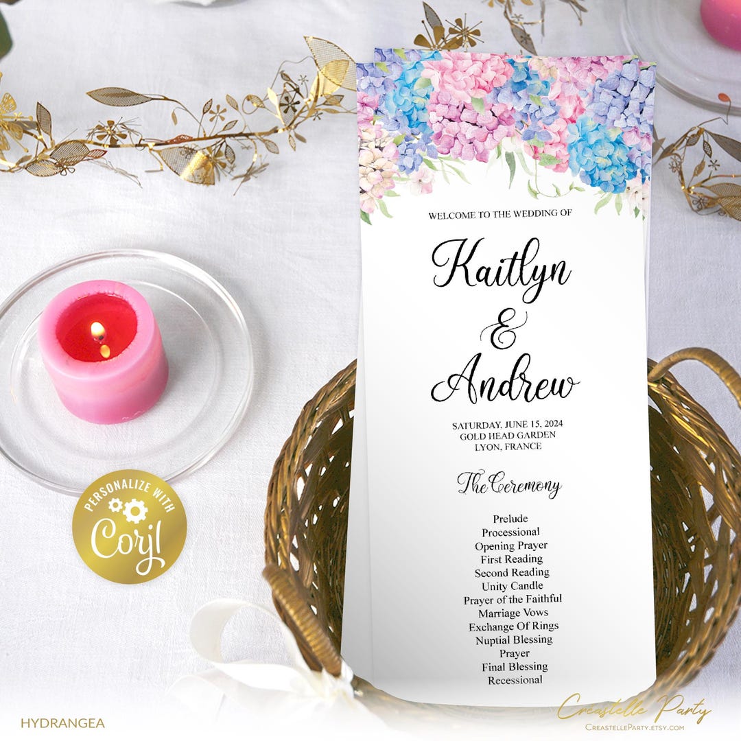 Hydrangea Wedding Program Template, Pink & Blue Editable 3.75"x9" Ceremony Program, Purple ...
