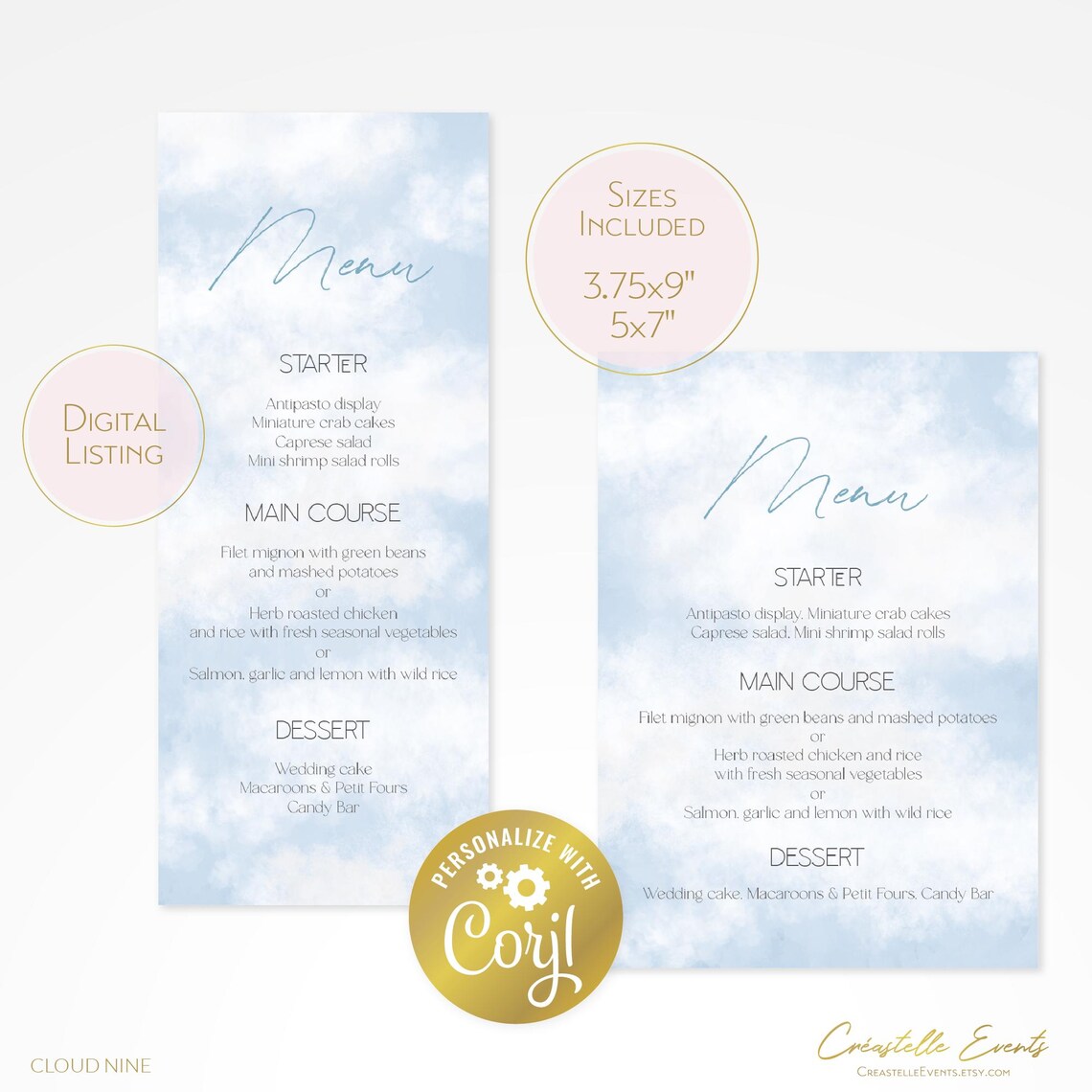 On Cloud Nine Wedding Menu Template, Editable 3.75x9 + 5x7 Menus ...