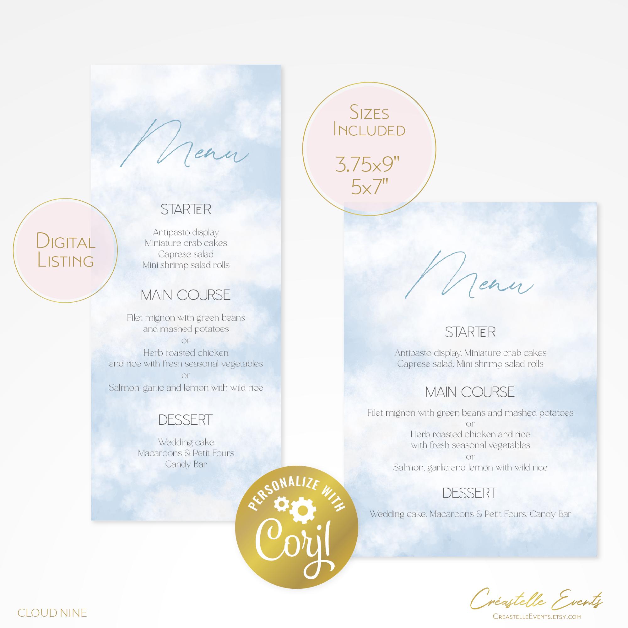 On Cloud Nine Wedding Menu Template, Editable 3.75x9 + 5x7 Menus ...