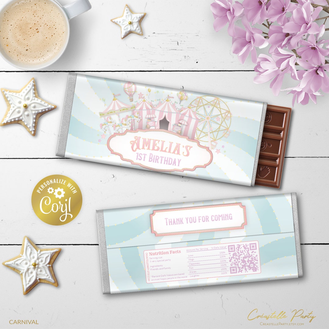 Carnival Editable Chocolate Bar Wrapper, Big Top Birthday Snacks Label ...
