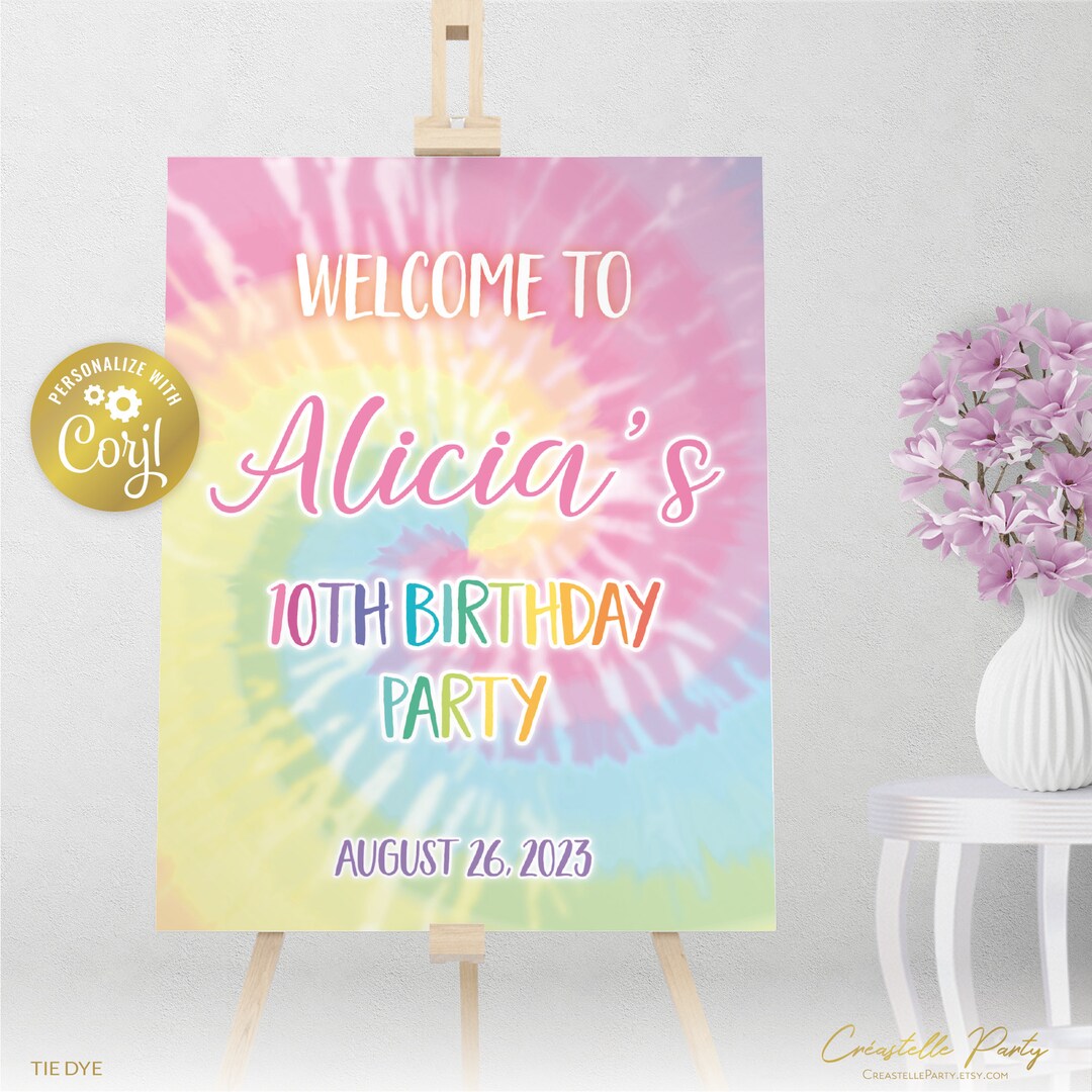 Tie Dye Welcome Sign, Light Pastel Rainbow Spiral Editable Sign ...