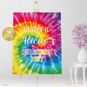 Tie Dye Welcome Sign, Bright Rainbow Spiral Editable Sign, Craft Party ...