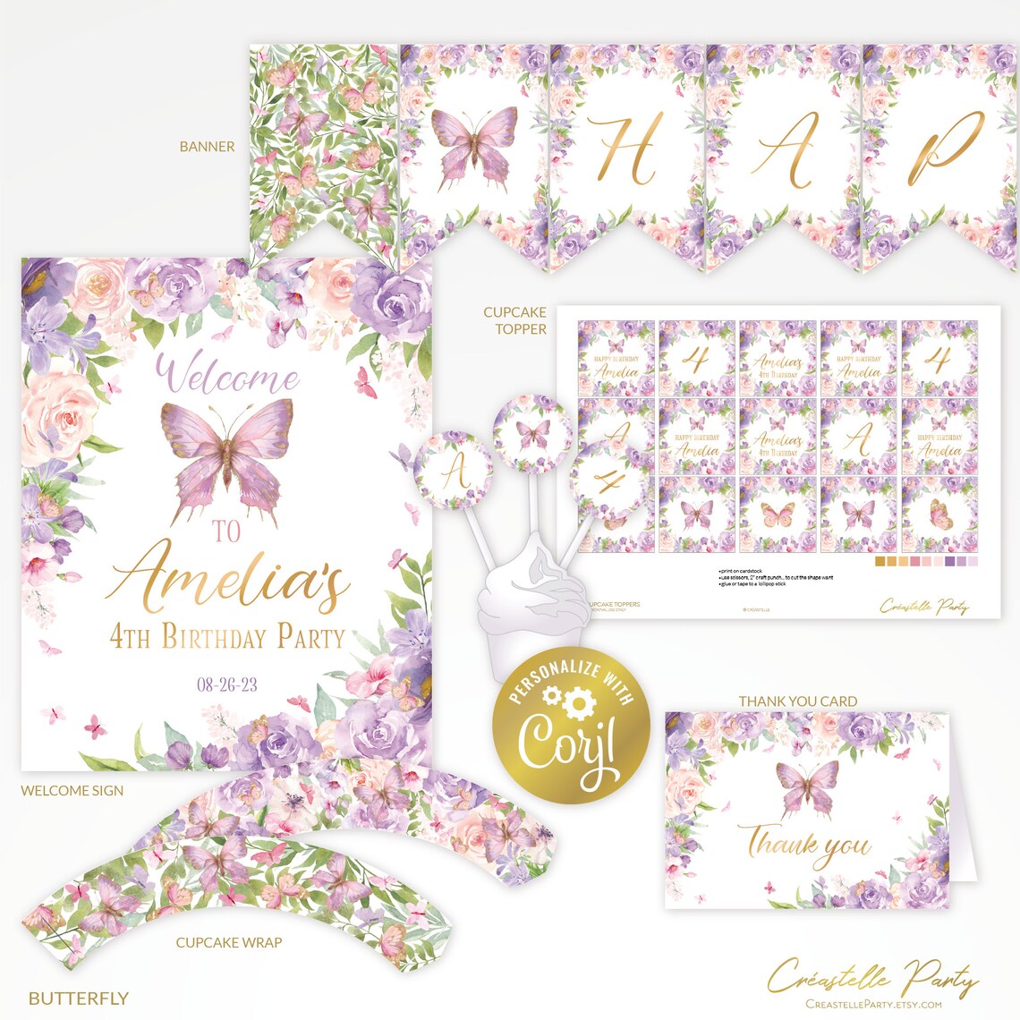 Butterfly Editable Party Decoration Package Pink Gold - Etsy