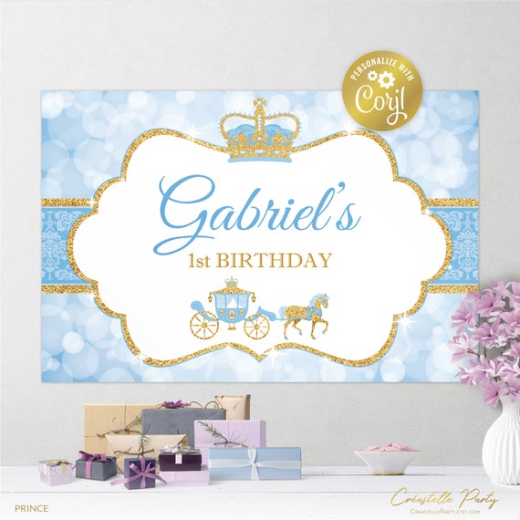 Editable Prince backdrop file, baby blue bokeh, gold glitter poster ...