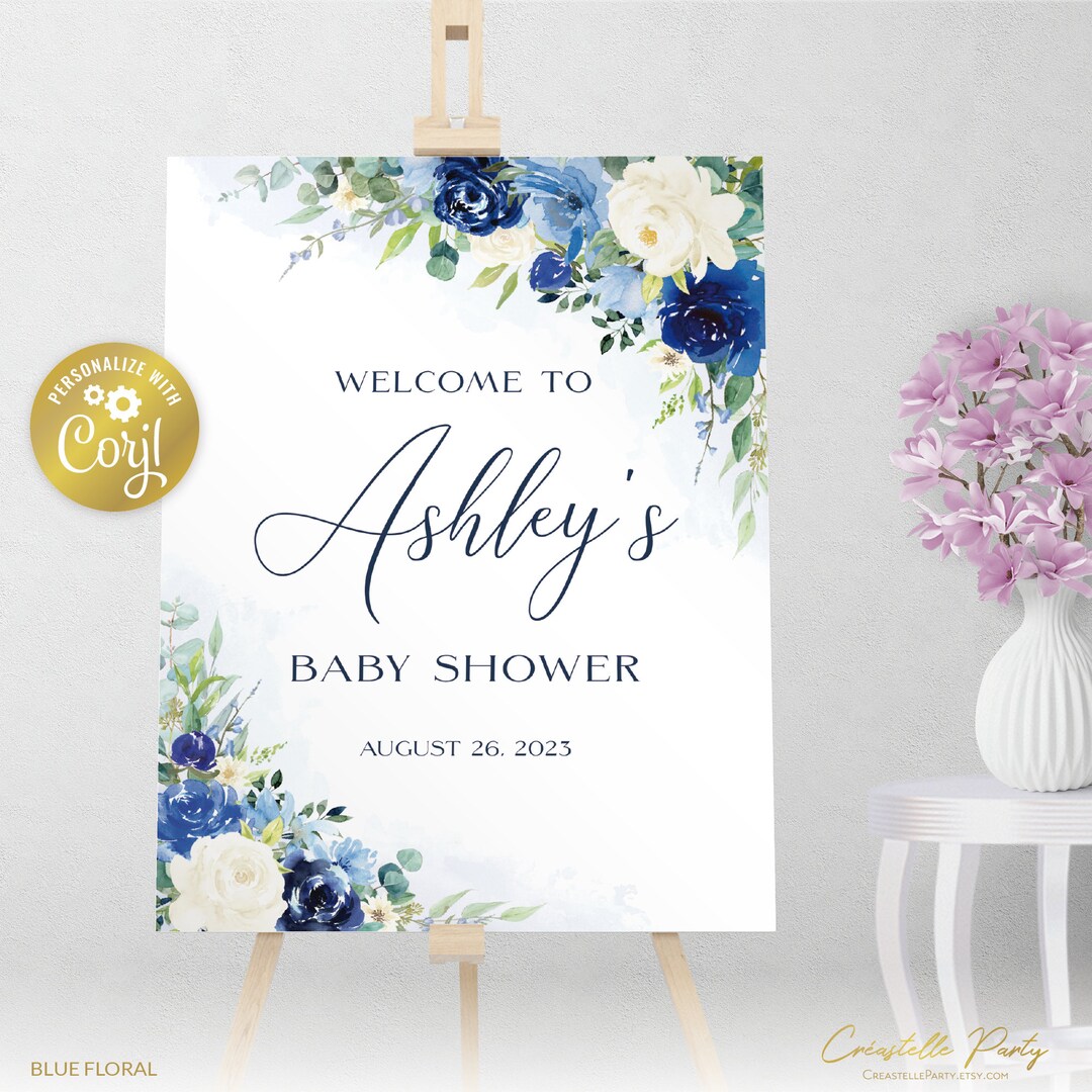 Blue Floral Welcome Sign, Navy and Cream Editable Sign, Watercolor ...