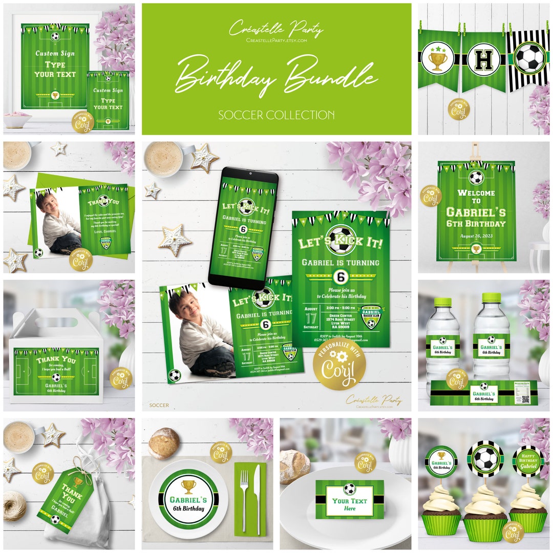 Soccer Field Editable Party Decoration Package, Green Football Birthday ...