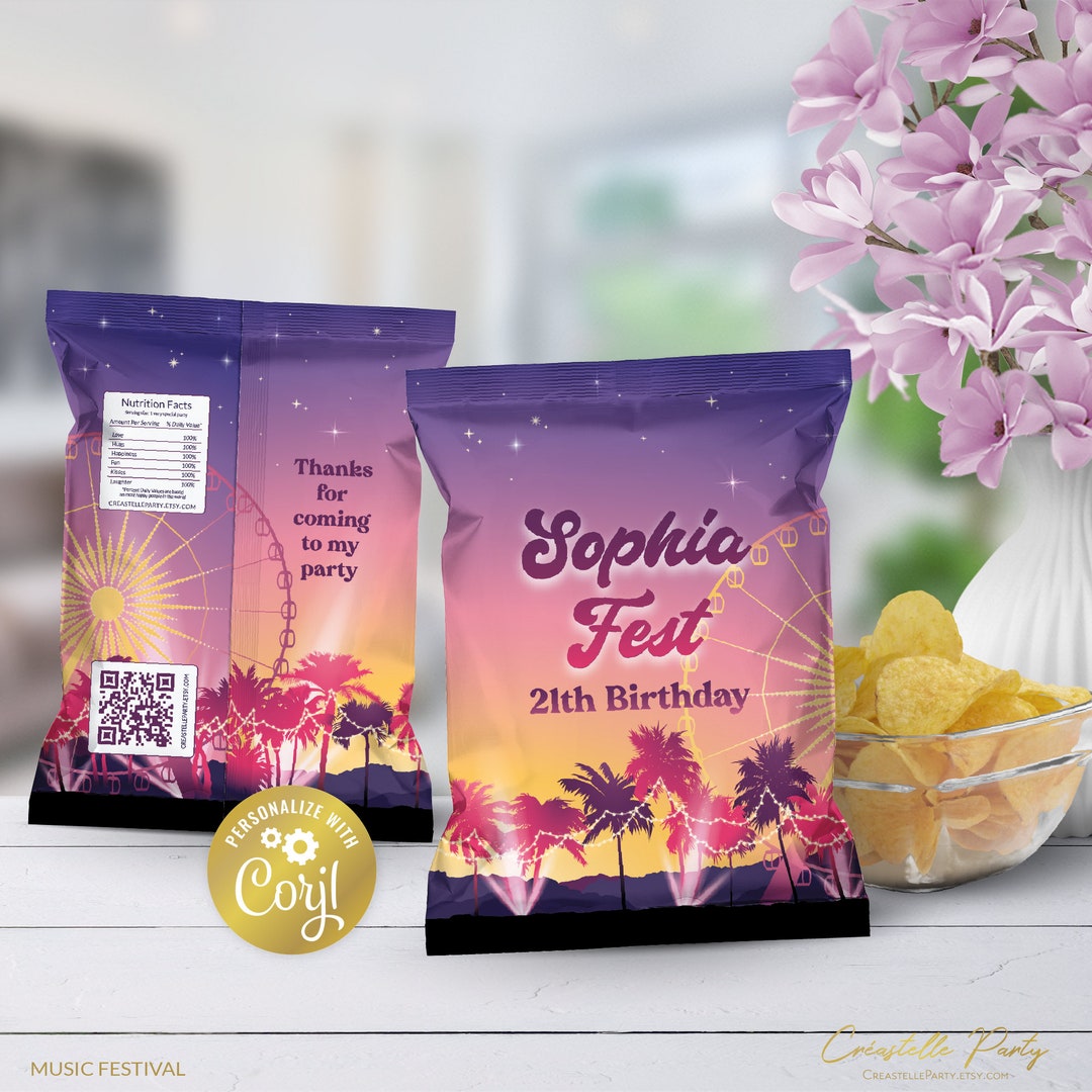 Music Festival Editable Chip Bag Wrapper, VIP Birthday Snacks Label ...