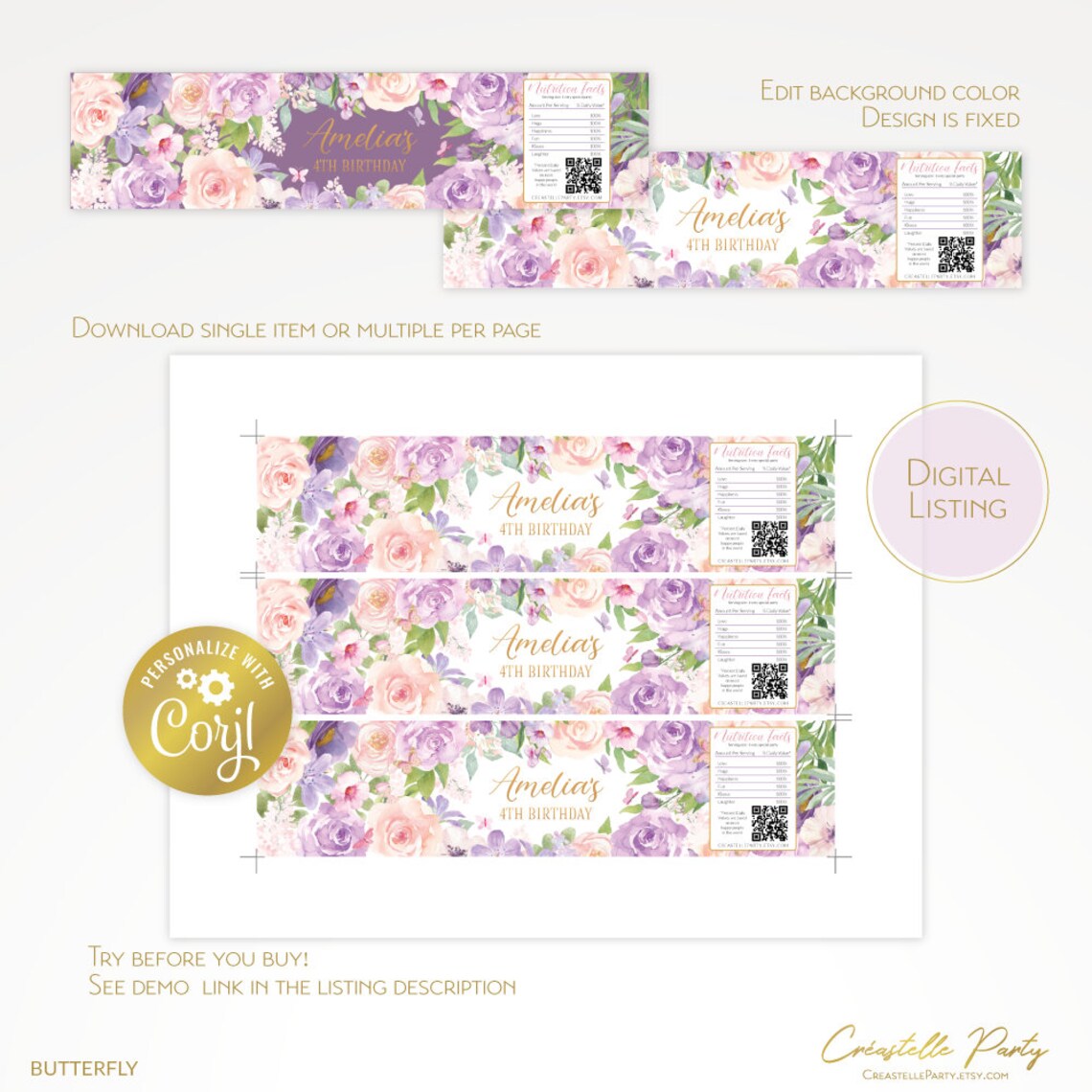 Butterfly Editable Party Decoration Package, Pink, Gold, Lavender ...