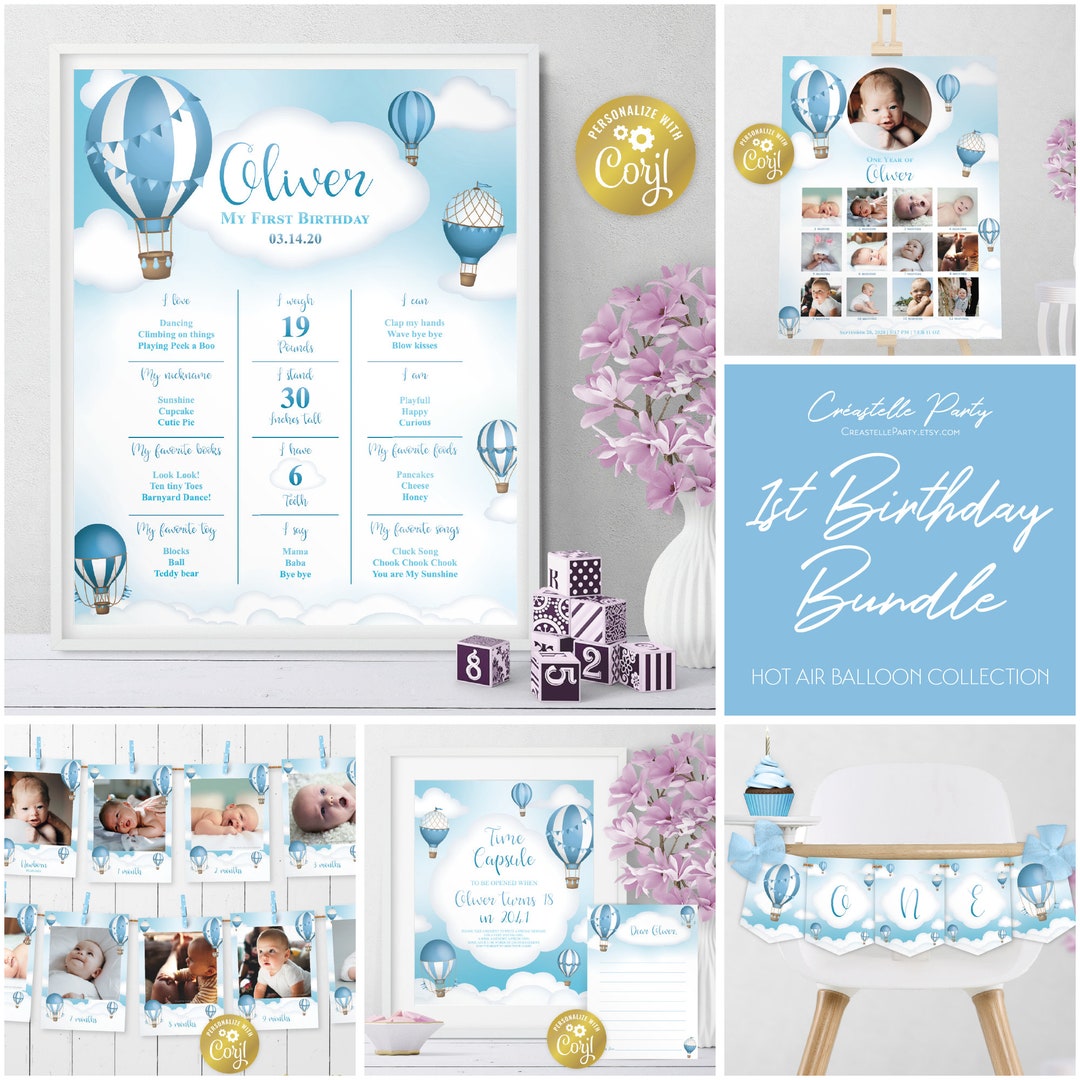 Hot Air Balloon Blue Editable Party Decoration Pack, Up, up & Away ...